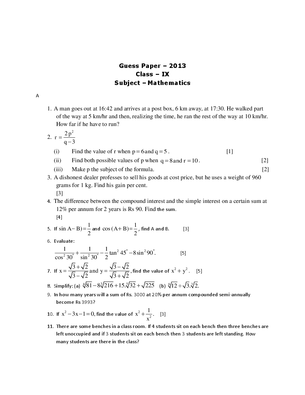 Download ICSE Sample Question Papers For Class 9 Mathematics PDF Online Download ICSE Sample Question Papers For Class 9 Mathematics PDF Online
