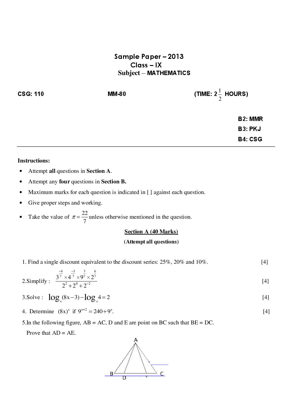 Download ICSE Sample Question Papers For Class 9 Mathematics PDF Online