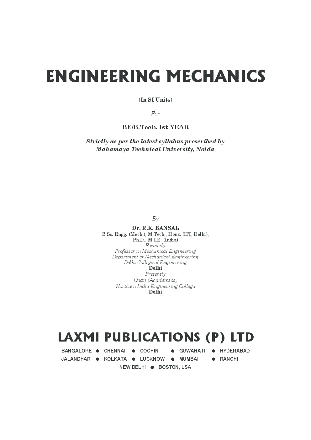 Download Laxmi MTU Engineering Mechanics PDF Online 2022 by Dr. R.K. Bansal