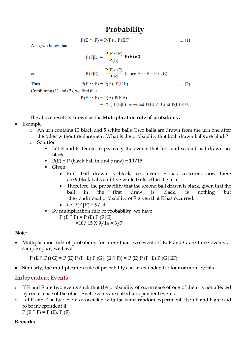 Download CBSE Class 12 Maths Revision Notes Probability PDF Online