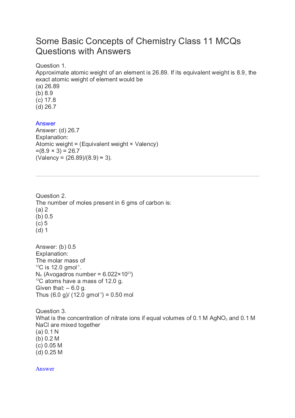 Download CBSE Board Class 11 Chemistry Chapter 1 Some Basic Concepts of Chemistry MCQs by Panel ...