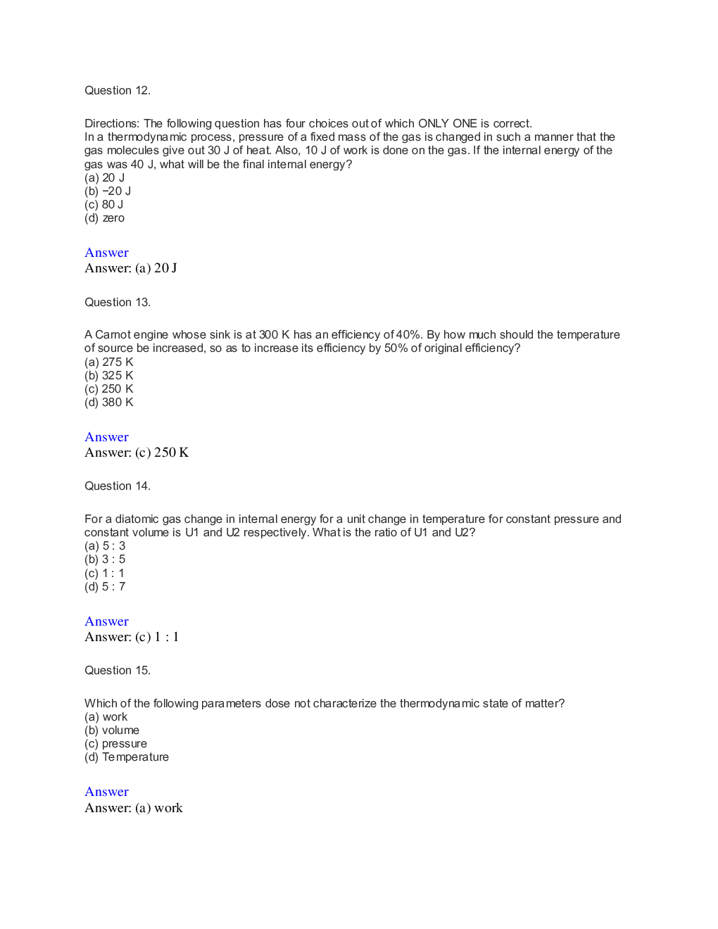 Download CBSE Board Class 11 Physics Chapter 12 Thermodynamics MCQs By