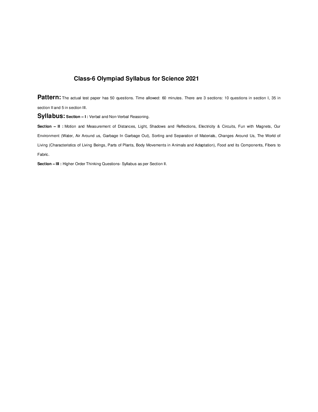 Download Free Olympiad Syllabus For Class 6 Science PDF Online