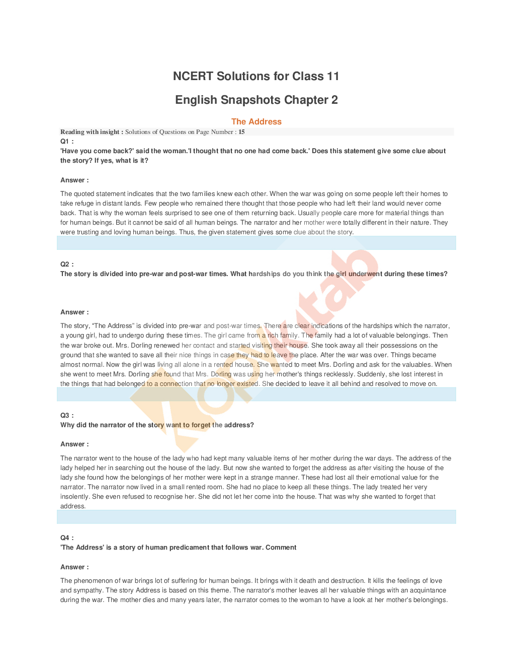 Download NCERT Solution For Class 11 English Snapshots Ebook PDF Online