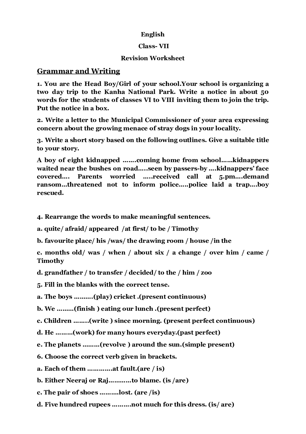 Download Free Class 7 English Revision Worksheet PDF Online