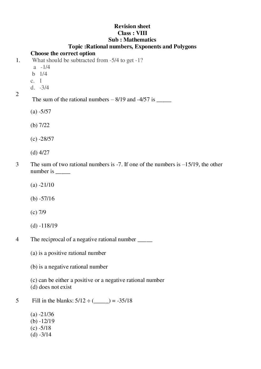 Download Free Class 8 Maths Worksheet On Rational Numbers Exponents