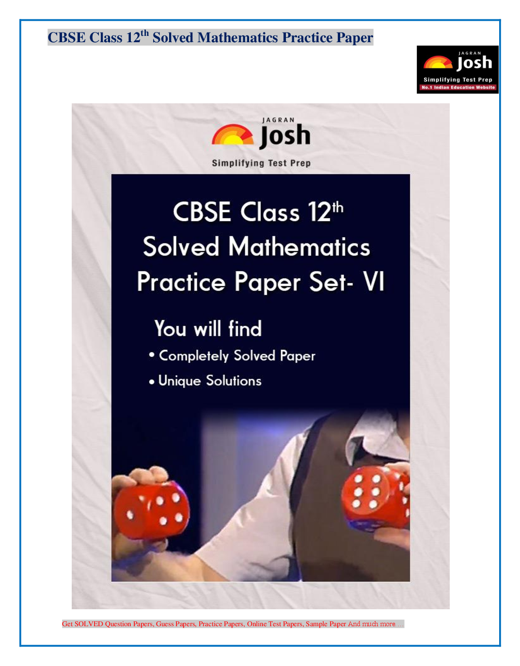 Download CBSE Class 12th Solved Mathematics Practice Paper Set 6 PDF Download CBSE Class 12th Solved Mathematics Practice Paper Set 6 PDF